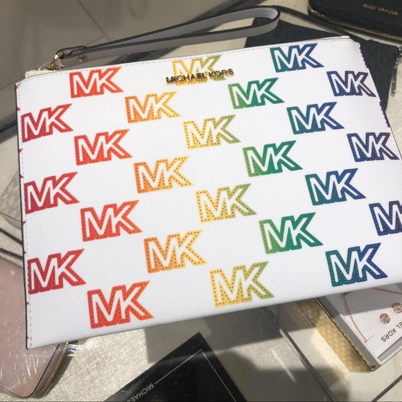 Michael Kors | Bags | Michael Kors White Wristlet With Colorful Mk ...